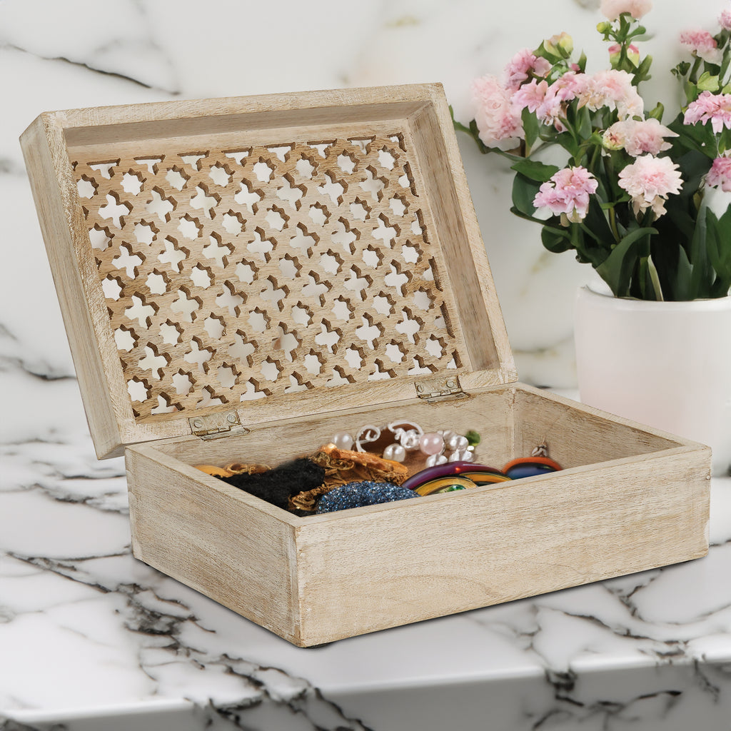 Trellis Decorative Wooden Handmade Box with Hinged Lid in Whitewash ...